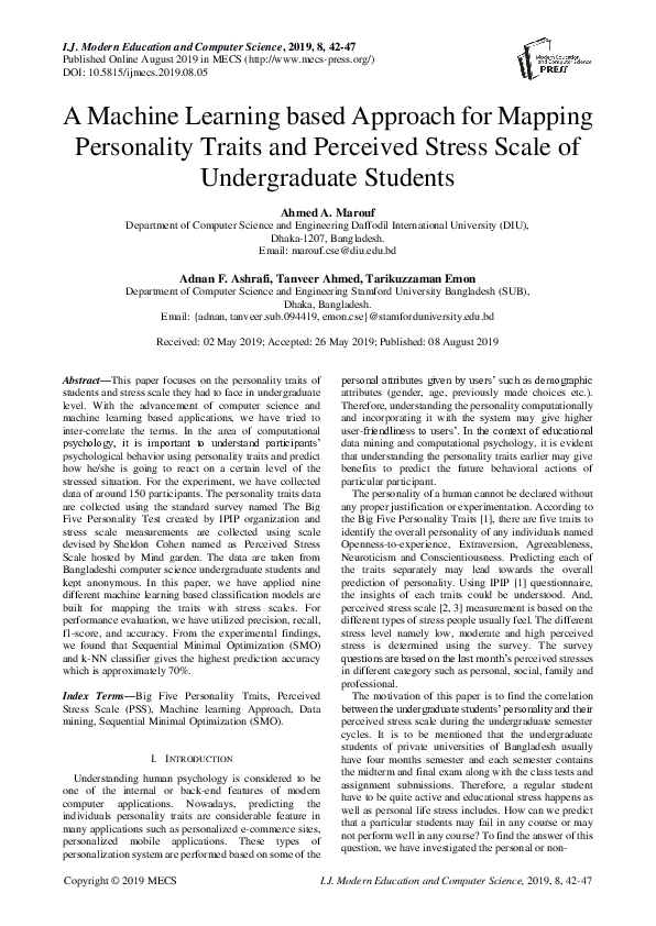 (PDF) A Machine Learning based Approach for Mapping Personality Traits and Perceived Stress ...