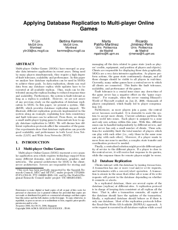 (PDF) Applying database replication to multi-player online games | Ricardo Jimenez-peris ...