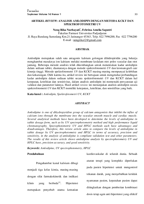 (PDF) Artikel Review: Analisis Amlodipin Dengan Metoda KCKT Dan Spektrofotometri Uv