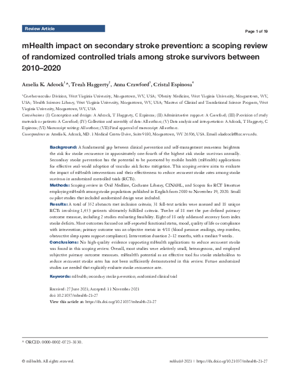 (PDF) mHealth impact on secondary stroke prevention: a scoping review of randomized controlled ...