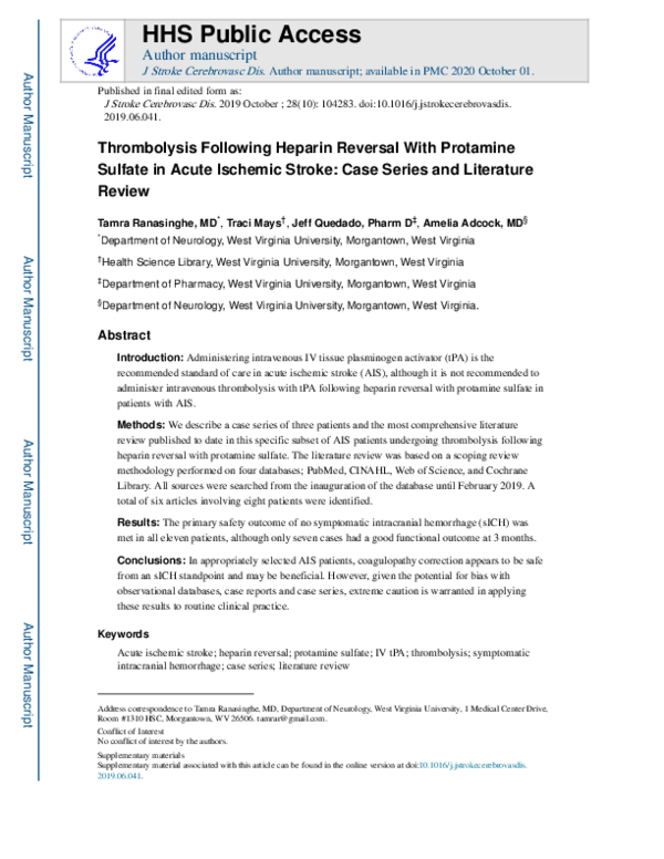 (PDF) Thrombolysis Following Heparin Reversal With Protamine Sulfate in ...