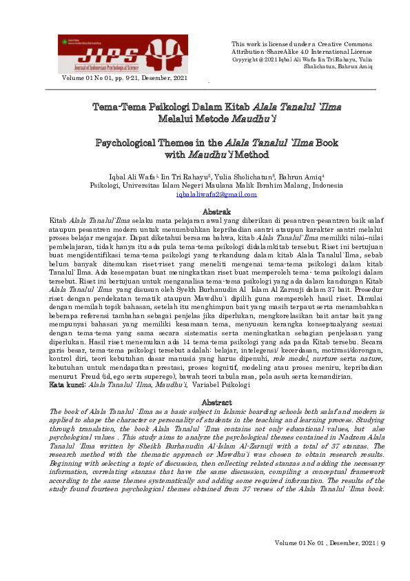 (PDF) Tema-Tema Psikologi Dalam Kitab Alala Tanalul `Ilma Melalui ...