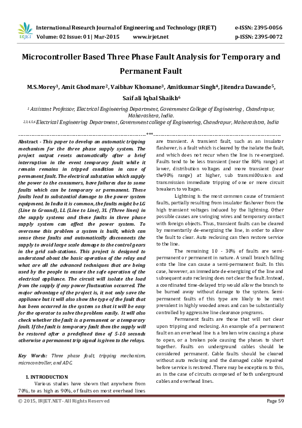 (PDF) Microcontroller Based Three Phase Fault Analysis for Temporary and Permanent Fault