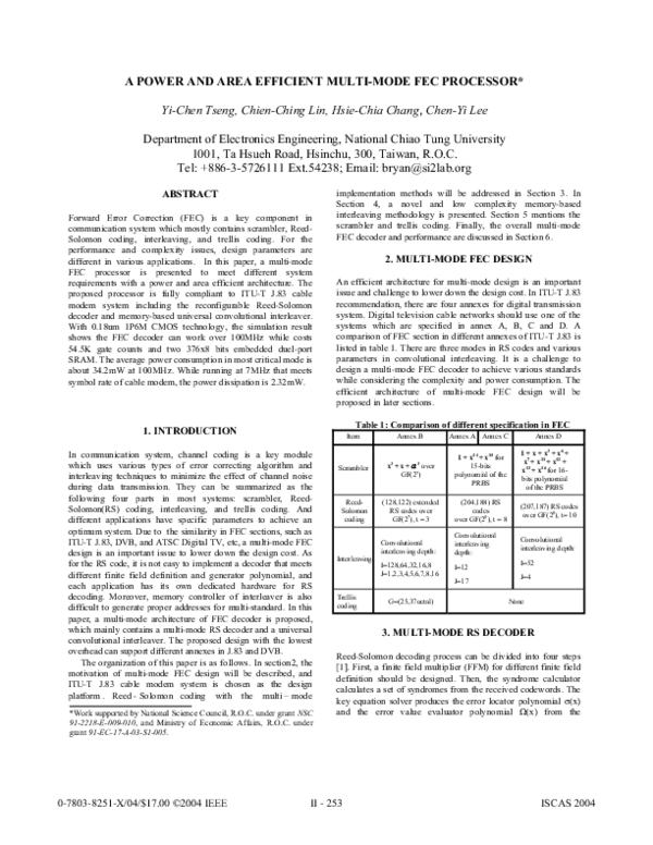 (PDF) A power and area efficient multi-mode FEC processor