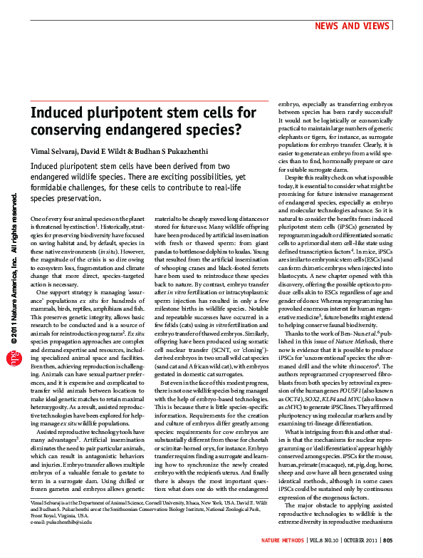 (PDF) Induced pluripotent stem cells for conserving endangered species?