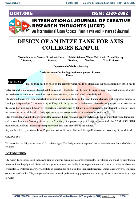 (PDF) Design of an Intze Tank for Axis