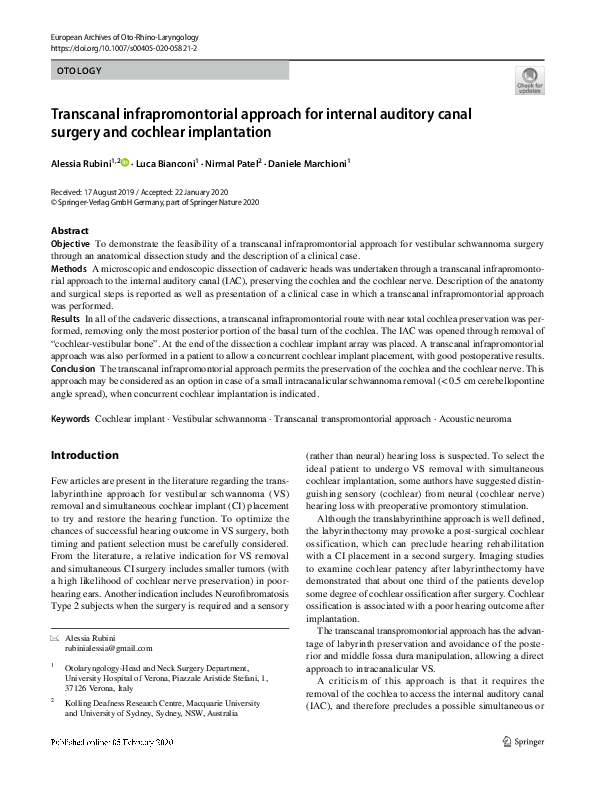 (PDF) Transcanal infrapromontorial approach for internal auditory canal ...
