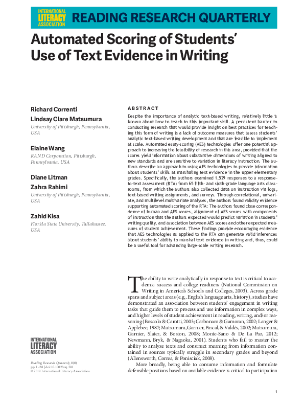 (PDF) Automated Scoring of Students’ Use of Text Evidence in Writing