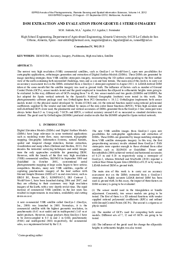 (PDF) DSM Extraction and Evaluation from GEOEYE-1 Stereo Imagery