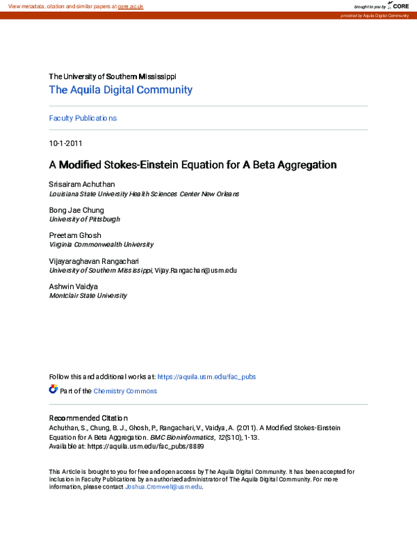 (PDF) A modified Stokes-Einstein equation for A beta aggregation