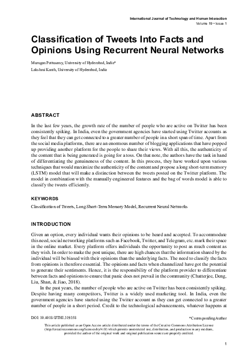 (PDF) Classification of Tweets Into Facts and Opinions Using Recurrent Neural Networks