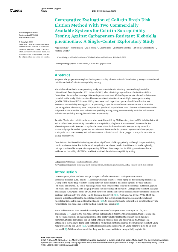 (PDF) Comparative Evaluation of Colistin Broth Disk Elution Method With ...