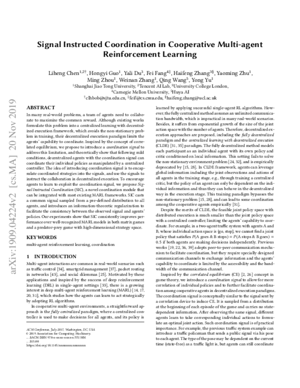 Pdf Signal Instructed Coordination In Cooperative Multi Agent Reinforcement Learning