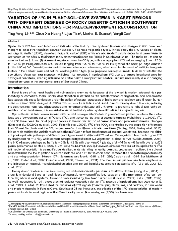 (PDF) Variation of δ13C in plant-soil-cave systems in karst regions ...