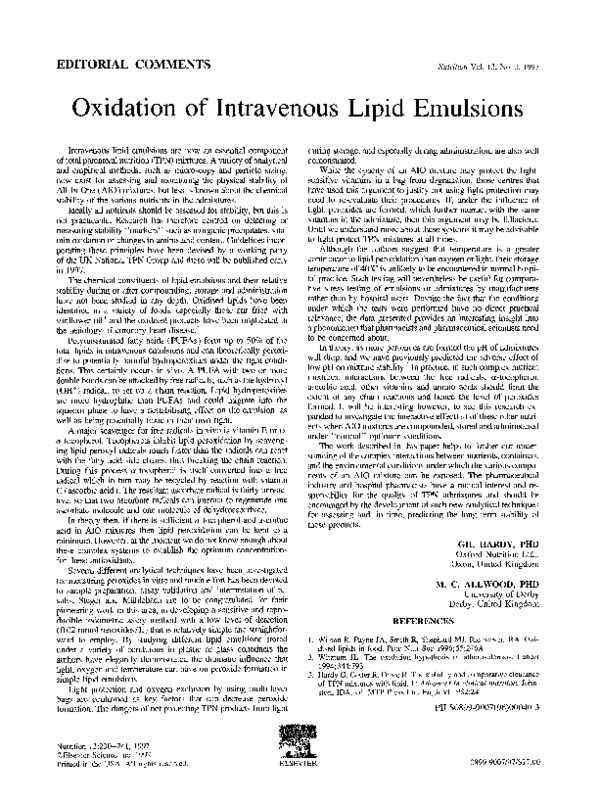 (PDF) Oxidation of intravenous lipid emulsions | Gil Hardy - Academia.edu