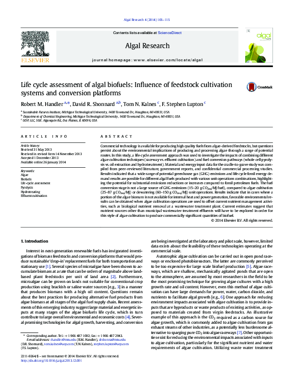 (PDF) Life cycle assessment of algal biofuels: Influence of feedstock ...