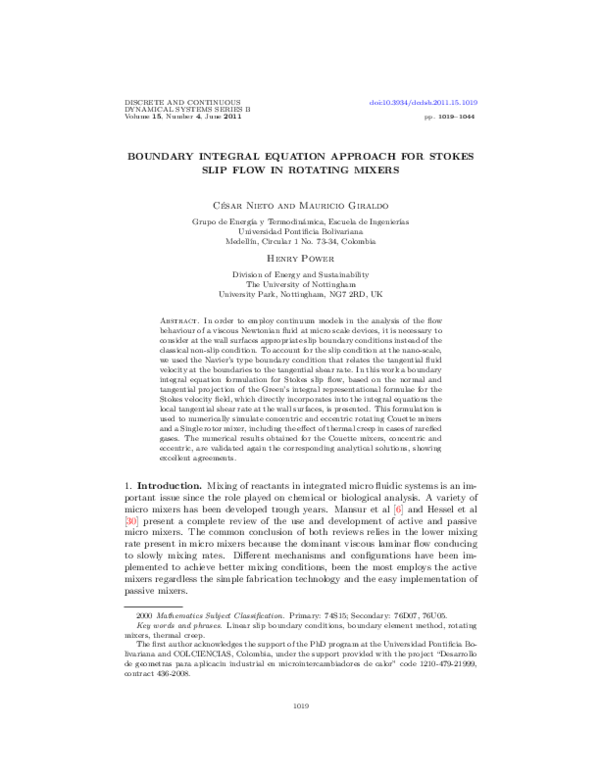 (PDF) Boundary integral equation approach for stokes slip flow in rotating mixers