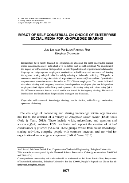 (PDF) Impact of Self-Construal on Choice of Enterprise Social Media for Knowledge Sharing