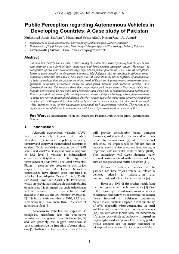 (PDF) Public Perception regarding Autonomous Vehicles in Developing Countries: A Case study of ...