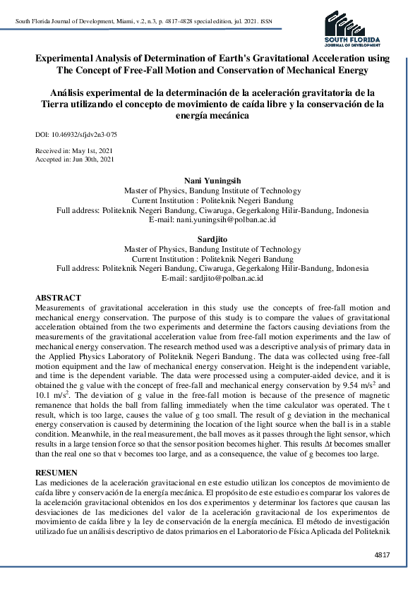 (PDF) Experimental Analysis of Determination of Earth's Gravitational Acceleration using The ...
