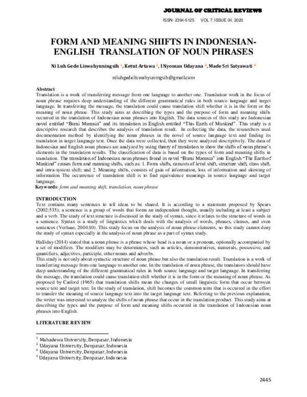 (PDF) Form and Meaning Shifts in Indonesian- English Translation of ...