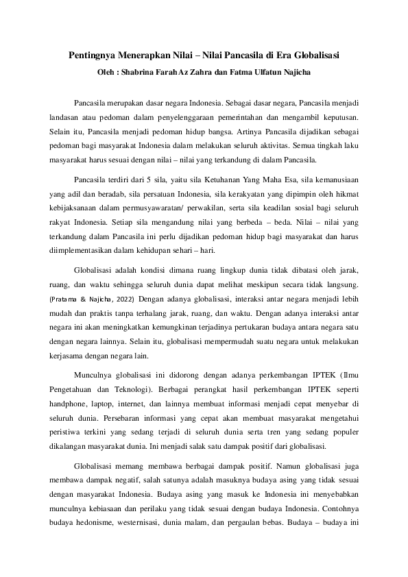 (PDF) Pentingnya Menerapkan Nilai -Nilai Pancasila di Era Globalisasi