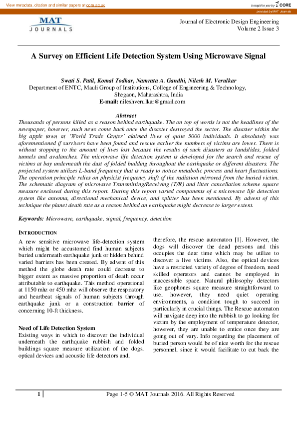 (PDF) A Survey on Efficient Life Detection System Using Microwave Signal