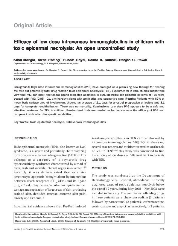 (PDF) Efficacy of low dose intravenous immunoglobulins in children with toxic epidermal ...