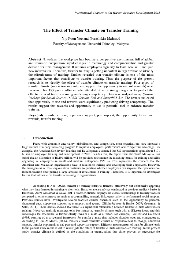 (PDF) The effect of transfer climate on transfer training