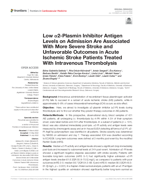 (PDF) Low α2-Plasmin Inhibitor Antigen Levels on Admission Are ...