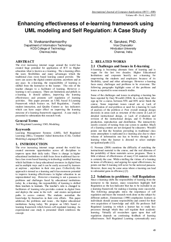 Pdf Enhancing Effectiveness Of E Learning Framework Using Uml Modeling And Self Regulation A