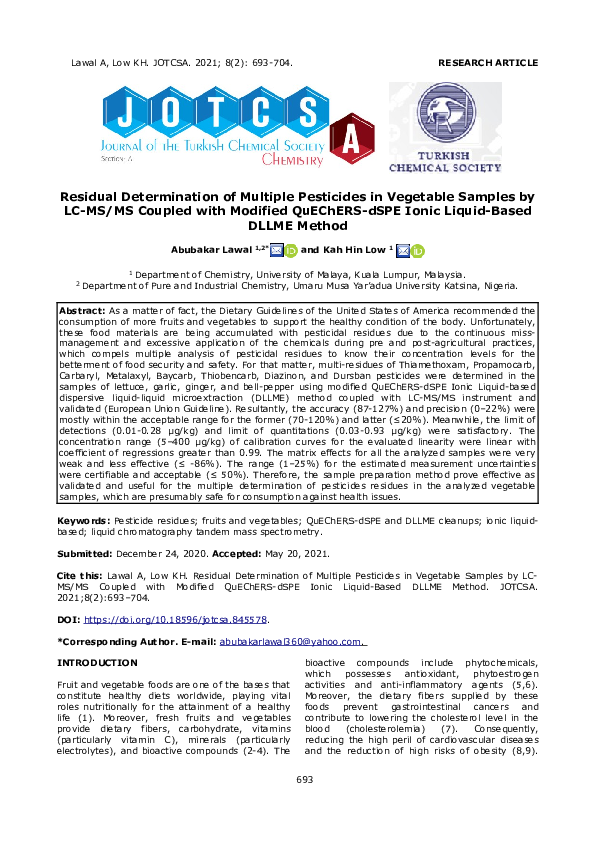 (PDF) Residual Determination of Multiple Pesticides in Vegetable Samples by LC-MS/MS Coupled ...