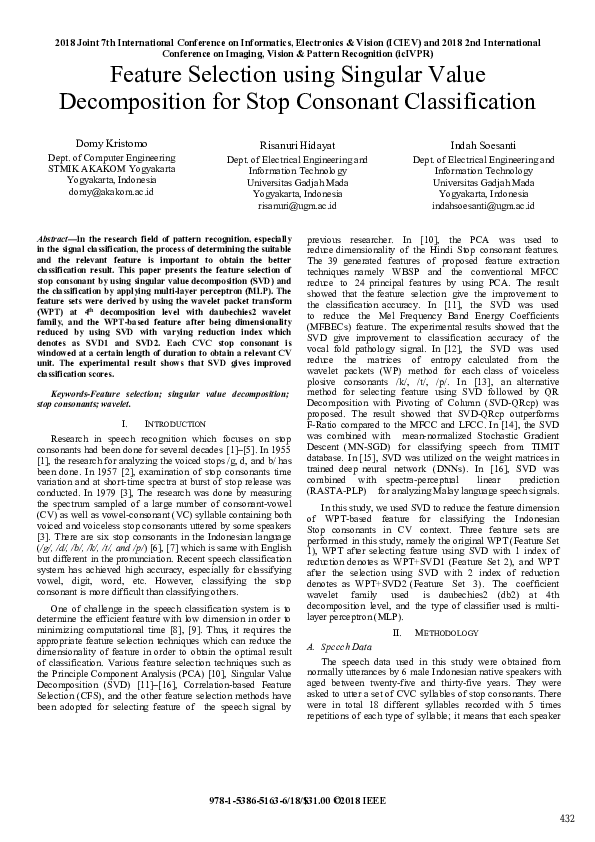 Pdf Feature Selection Using Singular Value Decomposition For Stop Consonant Classification