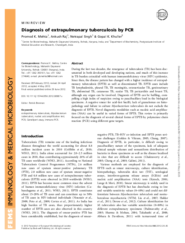 Diagnosis of extrapulmonary tuberculosis by PCR