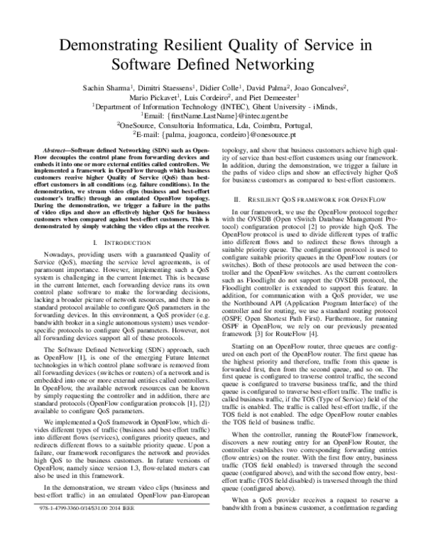 (PDF) Demonstrating resilient quality of service in Software Defined Networking