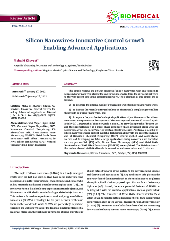 (PDF) Silicon Nanowires: Innovative Control Growth Enabling Advanced Applications