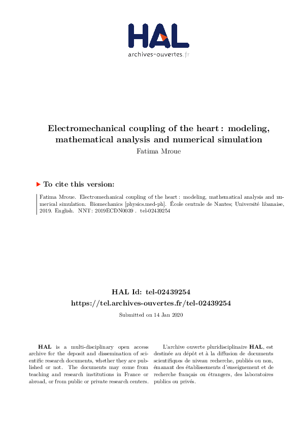 (PDF) Electromechanical coupling of the heart : modeling, mathematical ...