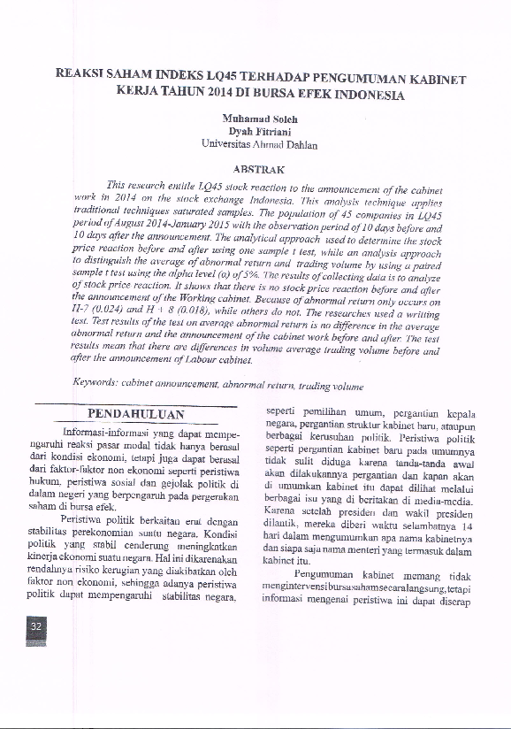 (PDF) Reaksi Saham Indeks LQ45 Terhadap Pengumuman Kabinet Kerja Tahun ...