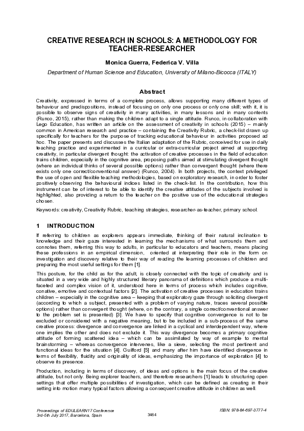 (PDF) Creative Research in Schools: A Methodology for Teacher-Researcher