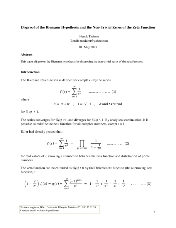 (PDF) Disproof of the Riemann Hypothesis and the Non-Trivial Zeros of ...