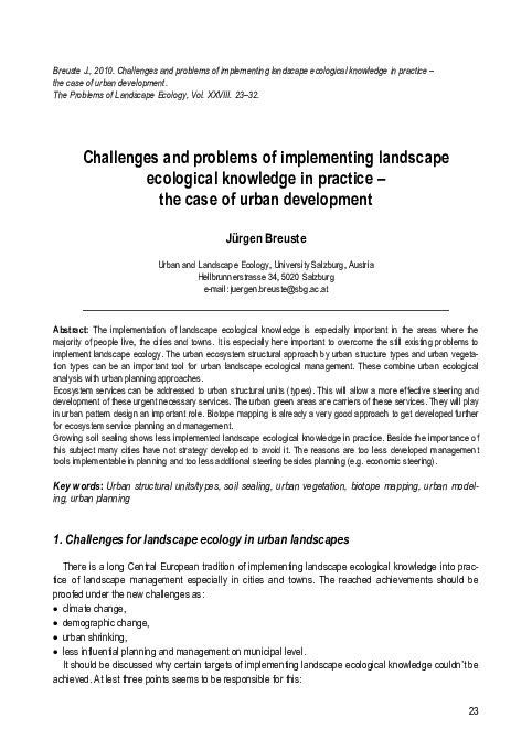 (PDF) Challenges and problems of implementing landscape ecological ...
