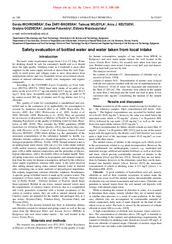 (PDF) Safety evaluation of bottled water and water taken from local intakes