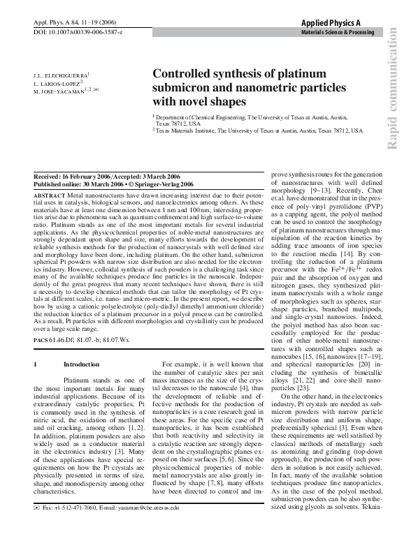 (PDF) Controlled synthesis of platinum submicron and nanometric particles with novel shapes