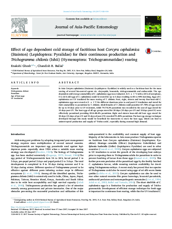 (PDF) Effect of age dependent cold storage of factitious host Corcyra cephalonica (Stainton ...