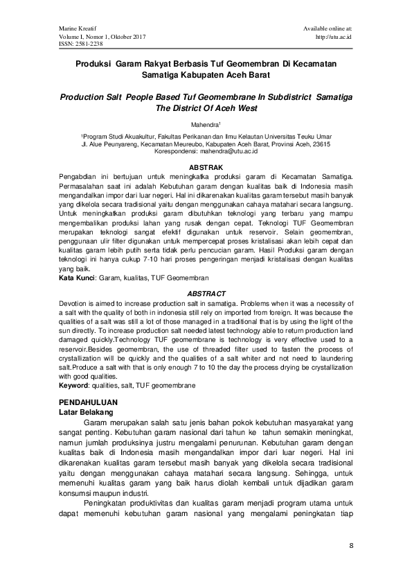 (PDF) Produksi Garam Rakyat Berbasis Tuf Geomembran Di Kecamatan Samatiga Kabupaten Aceh Barat