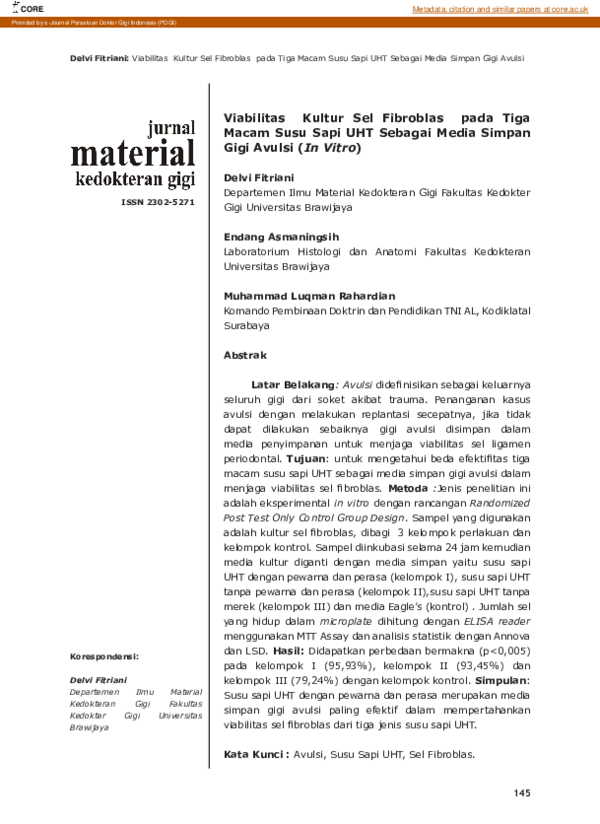 (PDF) Viabilitas Kultur Sel Fibroblas pada Tiga Macam Susu Sapi UHT Sebagai Media Simpan Gigi ...