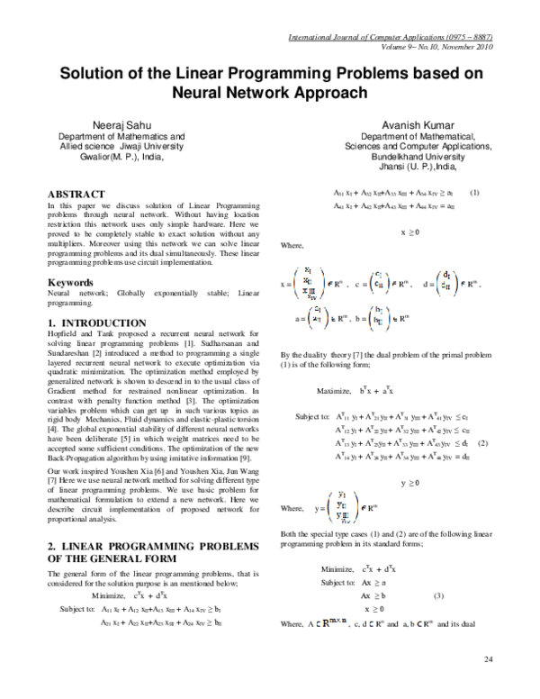Pdf Solution Of The Linear Programming Problems Based On Neural