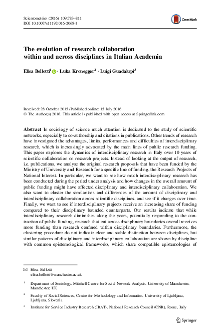(PDF) The evolution of research collaboration within and across disciplines in Italian Academia