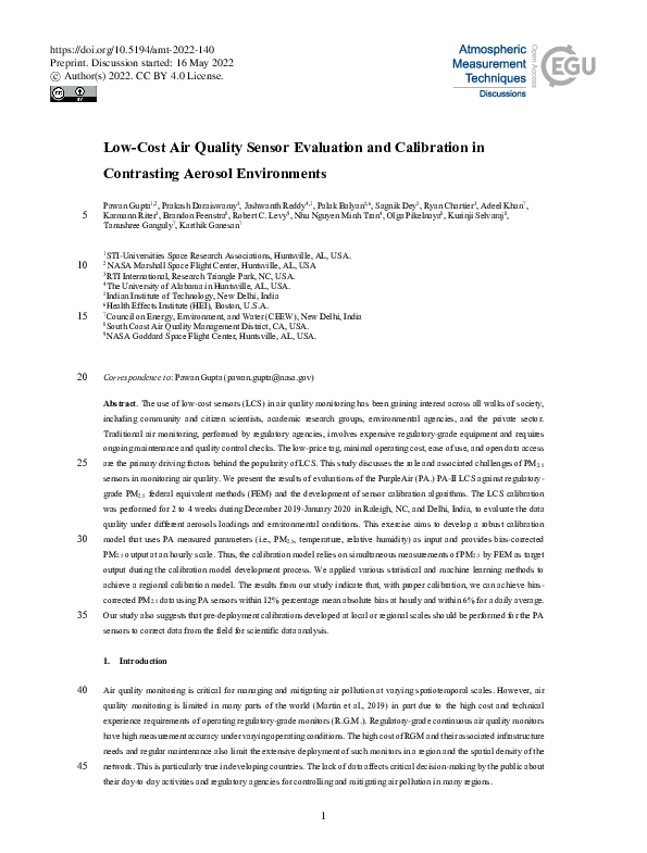 (PDF) Low-Cost Air Quality Sensor Evaluation and Calibration in Contrasting Aerosol Environments