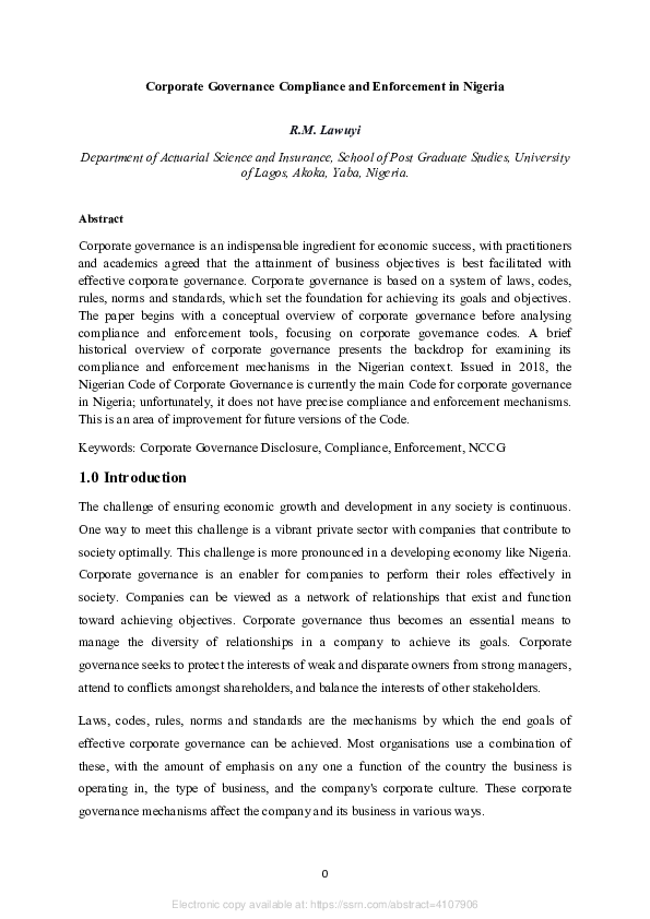 (PDF) Corporate Governance Compliance and Enforcement in Nigeria